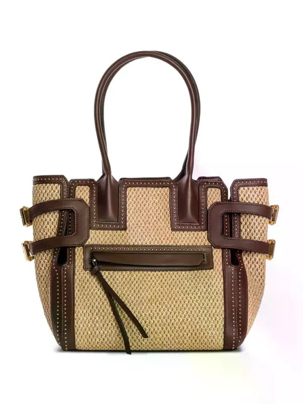 FRACOMINA Studded Raffia-effect Bucket Bag - Neutrals