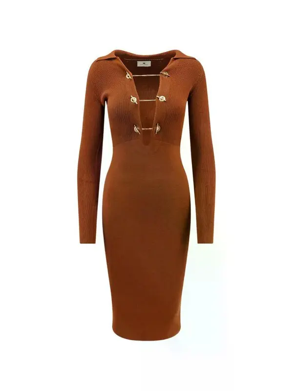Elisabetta Franchi Ribbed-knit Midi Dress With Gold-tone Hardware - Brown