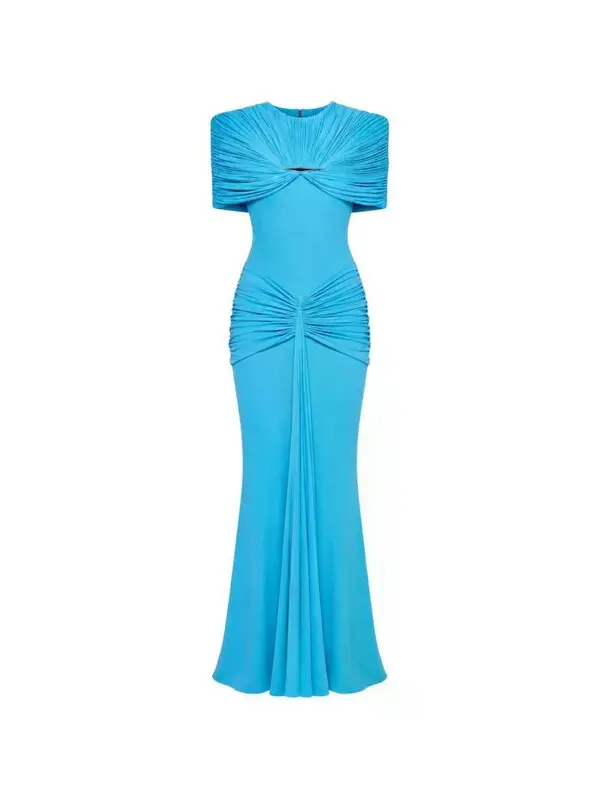 CHATS BY C.DAM Sarah Draped Maxi Dress With Metal Accessory - Blue