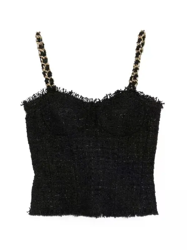 Balmain Chain-strap Tweed Sweetheart Neck Top - Black