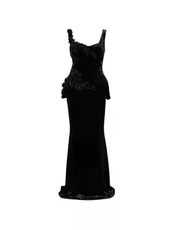 ADAMARIS Velvet Maxi Skirt And Top Set With Floral Beading - Black