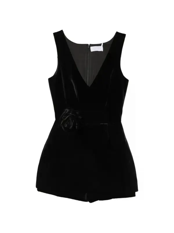 ADAMARIS V-neck Rose Detail Velvet Playsuit - Black