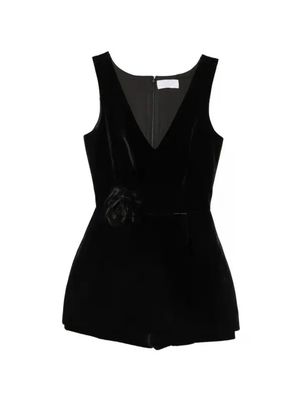 ADAMARIS V-neck Rose Detail Velvet Playsuit - Black