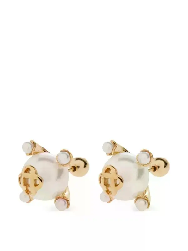 Casablanca Tone Lotus Plaque Earrings With Faux Pearl Embellishment - Gold