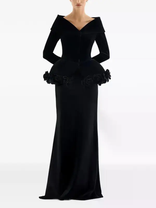 ADAMARIS Velvet Floral Appliqué Maxi Skirt And Top Set - Black