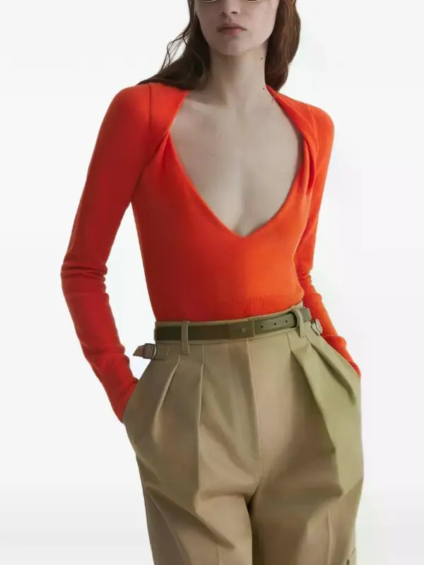 MUGLER Cashmere V-neck Knit Top - Red