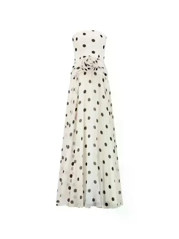 ADAMARIS Strapless Polka-dot Floral Appliqué Maxi Dress With Detachable Cape - White