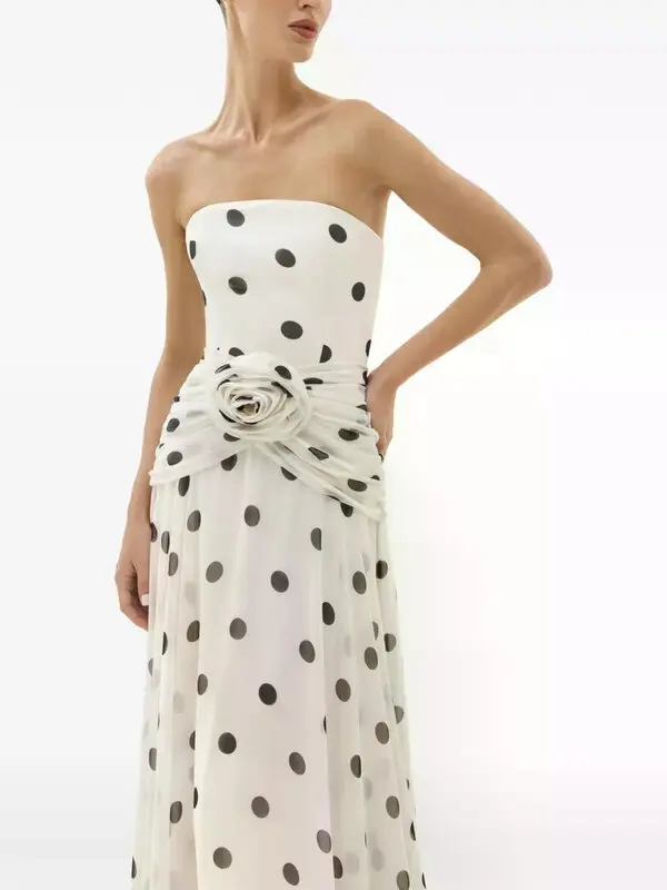 ADAMARIS Strapless Polka-dot Floral Appliqué Maxi Dress With Detachable Cape