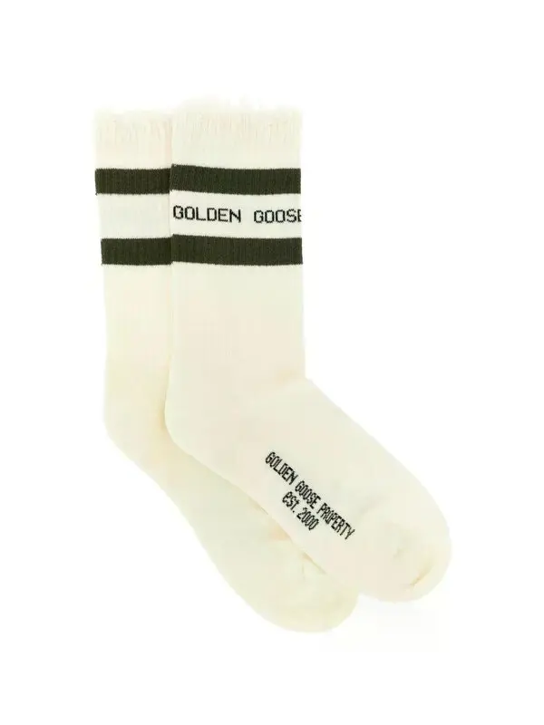 GOLDEN GOOSE Distressed-effect Logo-inlaid" Crew Socks - White