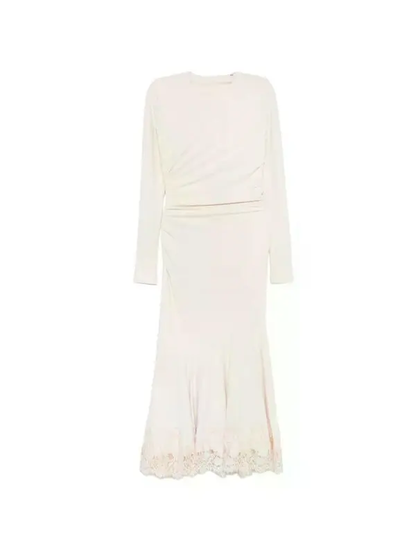 Alberta Ferretti Lace-trim Ruched Midi Dress - Neutrals