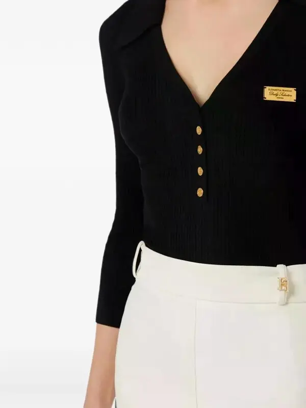 Elisabetta Franchi Micro‑braided Ribbed‑knit Polo Top
