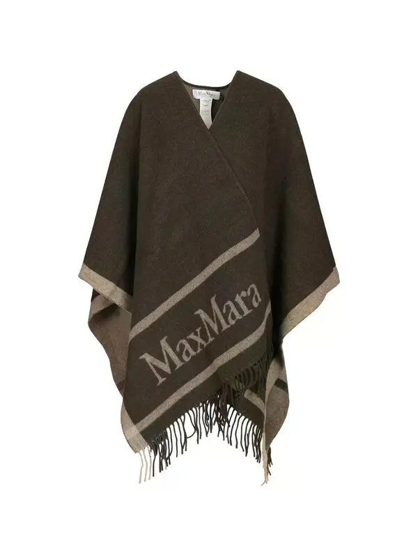 Max Mara Logo Jacquard Fringed Hem Poncho - Brown