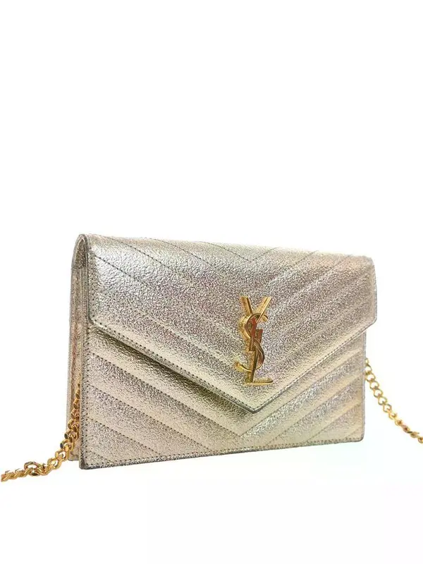 Saint Laurent 2017 Metallic Crackled Chevron Calfskin Monogram Envelope Chain Wallet Crossbody Bag - Gold