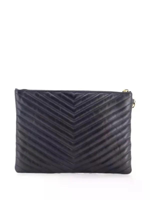 Saint Laurent Classic Monogram Wristlet Pouch Matelasse Chevron Leather Medium Clutch Bag - Black