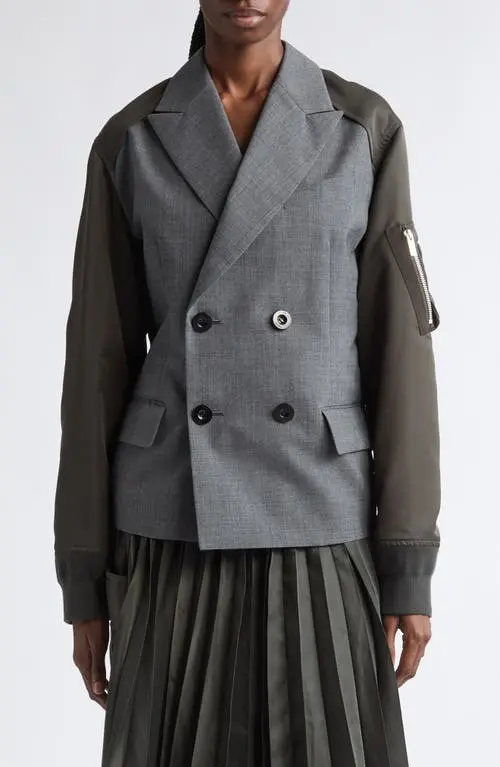 Sacai Mixed Media Double-breasted Blazer Jacket - Gray/dark Khaki