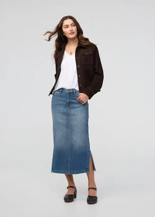 DUER Performance Denim Slit Midi Skirt - Blue-ash
