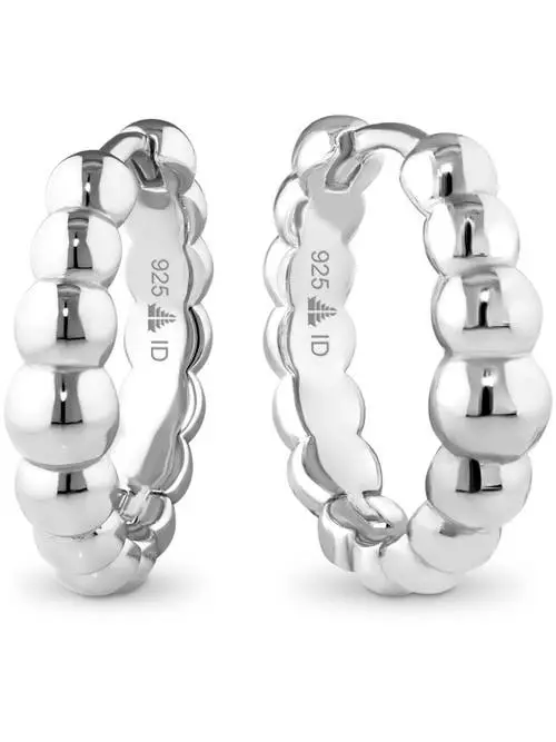 DEVATA Beaded Ball Hoop Earrings In Rhodium-plated Sterling - Silver