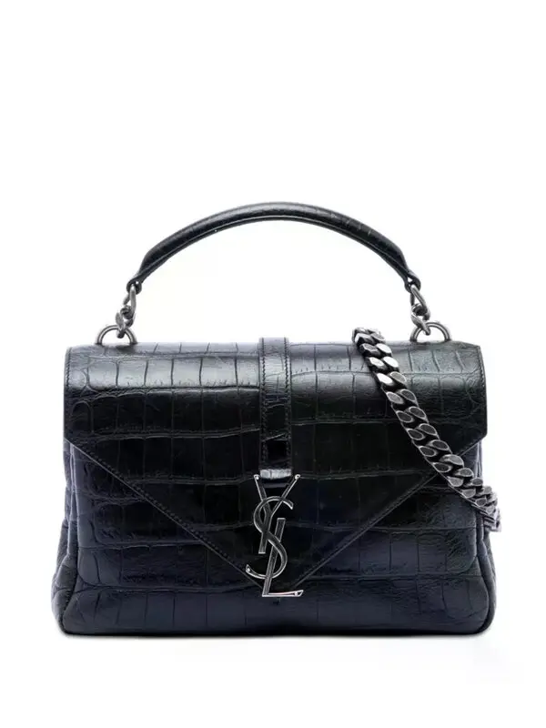 Saint Laurent 2016 Medium Croc Embossed Leather Monogram College Satchel - Black