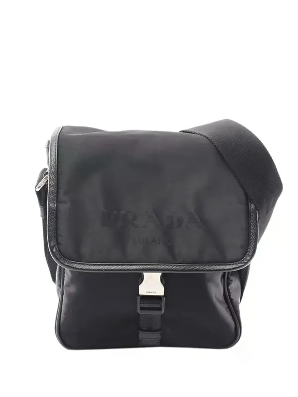 Prada 2000-2025 Saffiano Trimmed Tessuto Buckle Messenger Bag Crossbody Bag - Black