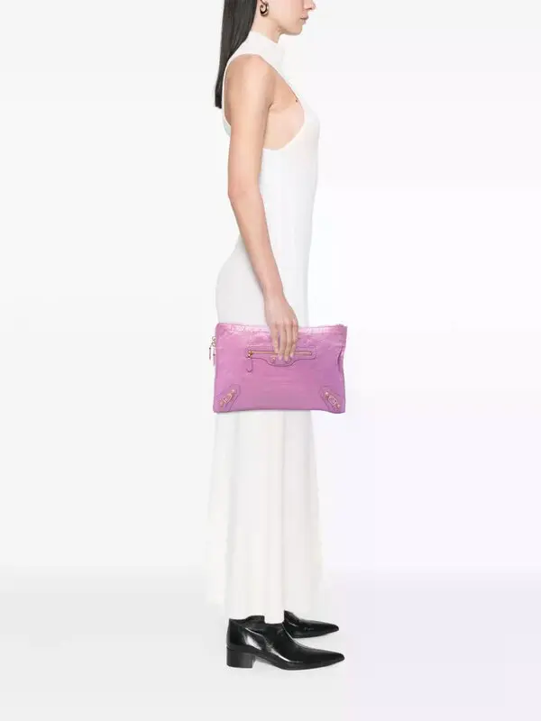 Balenciaga 2015 Lambskin Motocross Giant 12 Zip Around Flat Clutch Bag - Pink