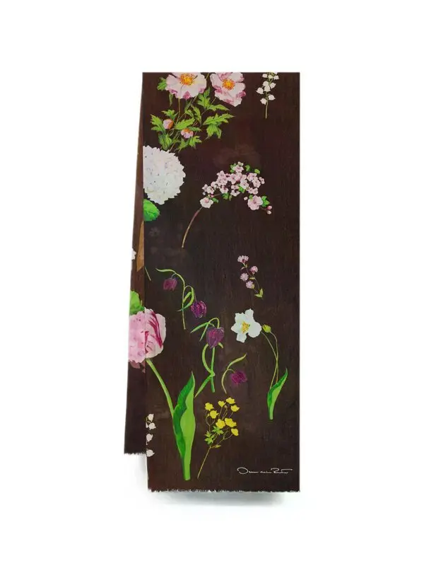 Oscar De La Renta Botanical-print Frayed Scarf - Brown