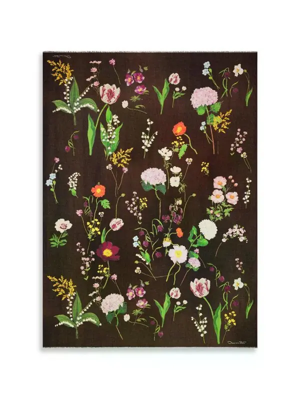 Oscar De La Renta Botanical-print Frayed Scarf - Brown