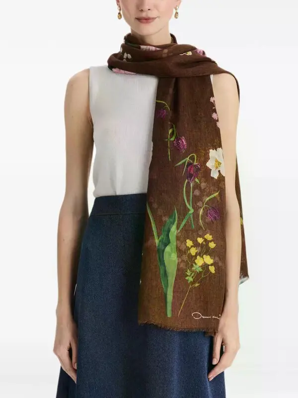 Oscar De La Renta Botanical-print Frayed Scarf