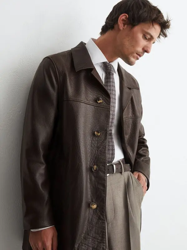 REISS Wilson Leather Trench Jacket - Dark Brown
