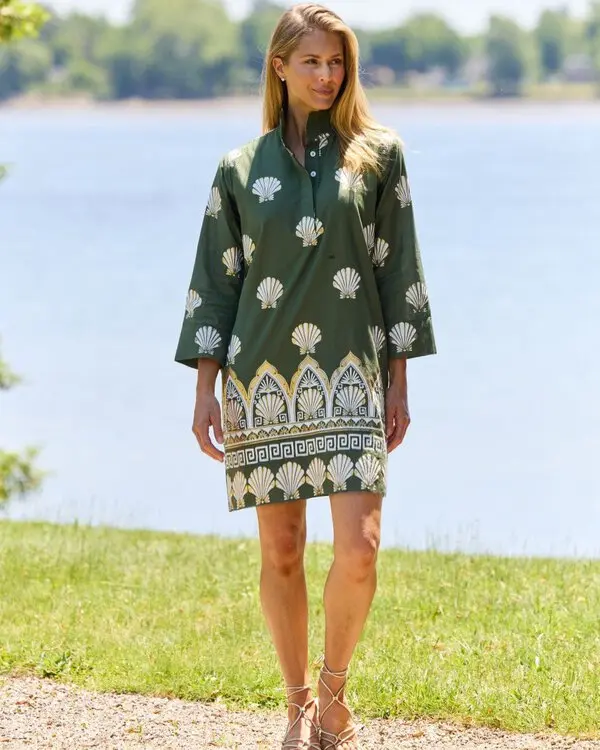 Jude Connally Helen Cotton Voile Dress With Seashell Print - Gilded Shell Loden