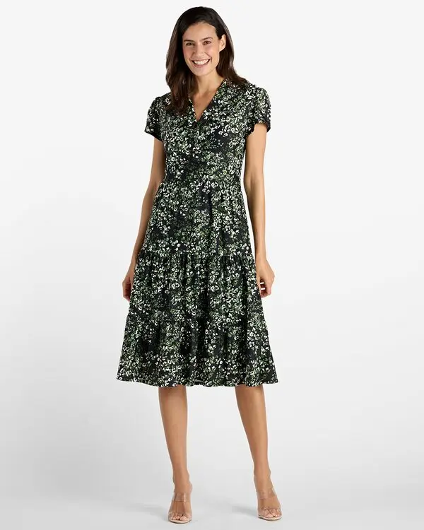 Jude Connally Libby Dress Tiered Midi, Short Puff Sleeve, V-neck - Painted Dot Black