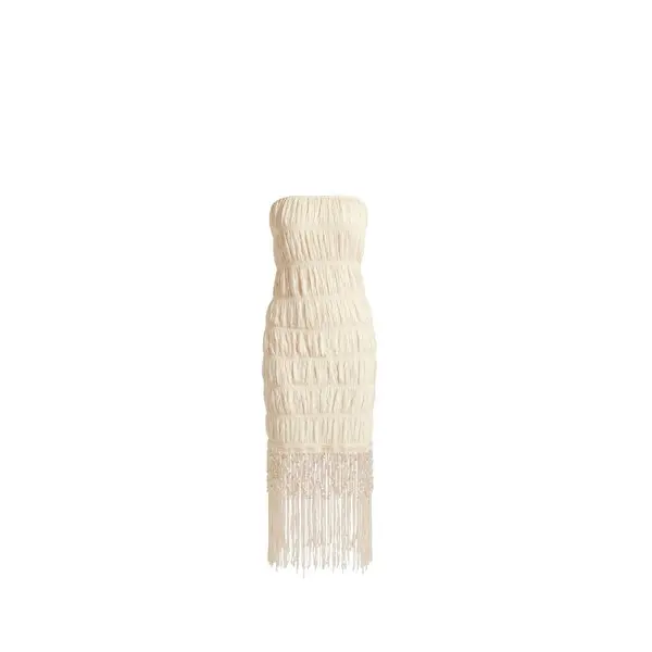 COLLECTED XX Strapless Midi Dress With Tassel Hem