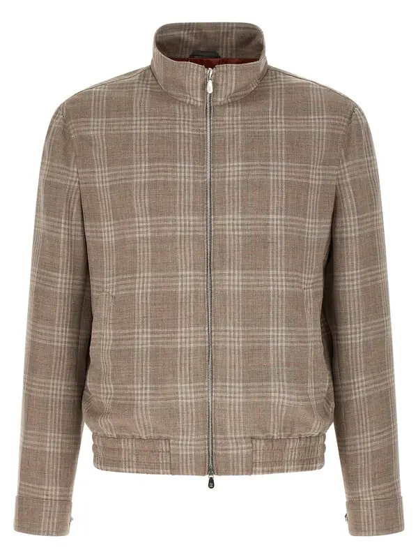 Brunello Cucinelli Checked Wool, Silk, And Linen Jacket