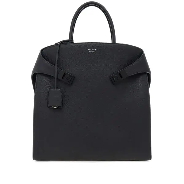 FERRAGAMO Leather Tote Bag With Logo Print And Clasp Fastening - Black