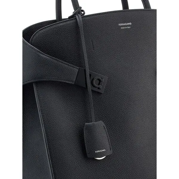 FERRAGAMO Leather Tote Bag With Logo Print And Clasp Fastening - Black