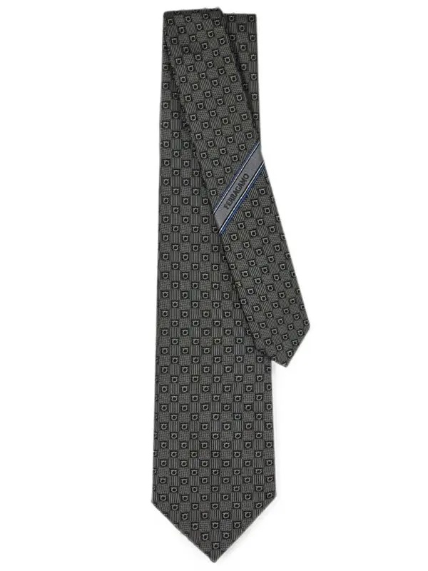 FERRAGAMO Gancini Silk Jacquard Tie - Gray