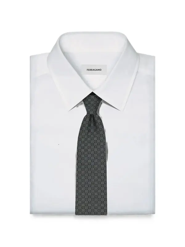 FERRAGAMO Gancini Silk Jacquard Tie - Gray