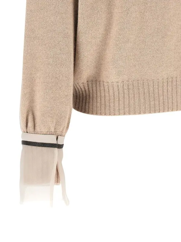 Brunello Cucinelli Cashmere Sweater With Removable Monile Silk Cuffs