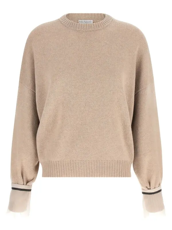 Brunello Cucinelli Cashmere Sweater With Removable Monile Silk Cuffs - Cream