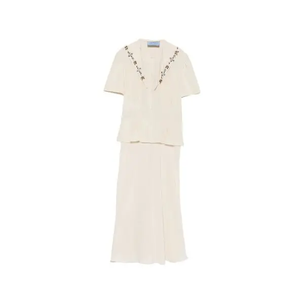 Prada Silk Day Dress With Crystal Embellishment - Cream