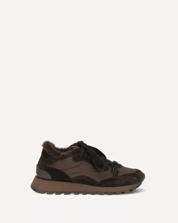 Brunello Cucinelli Suede And Techno Fabric Lace-up Sneakers With Shearling Lining And Monile Detail