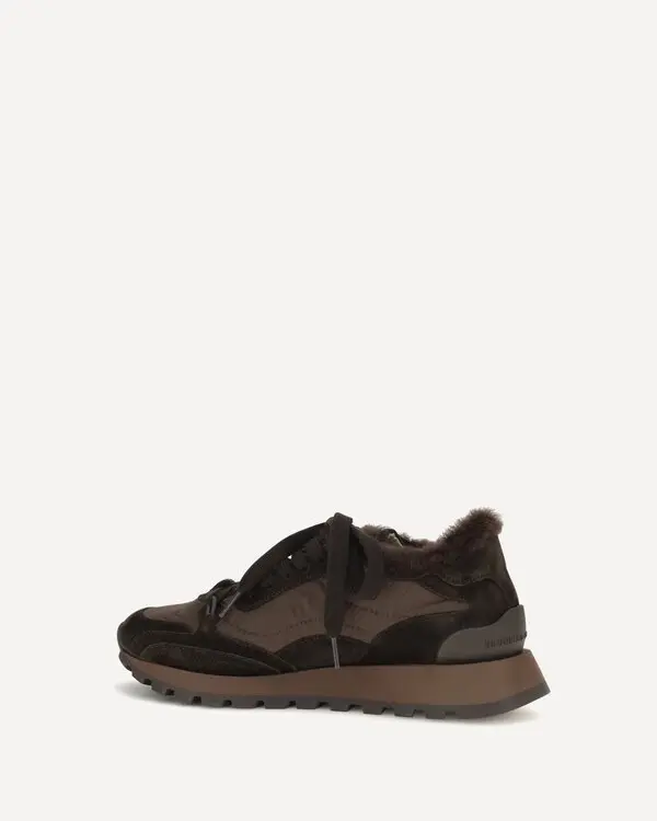 Brunello Cucinelli Suede And Techno Fabric Lace-up Sneakers With Shearling Lining And Monile Detail