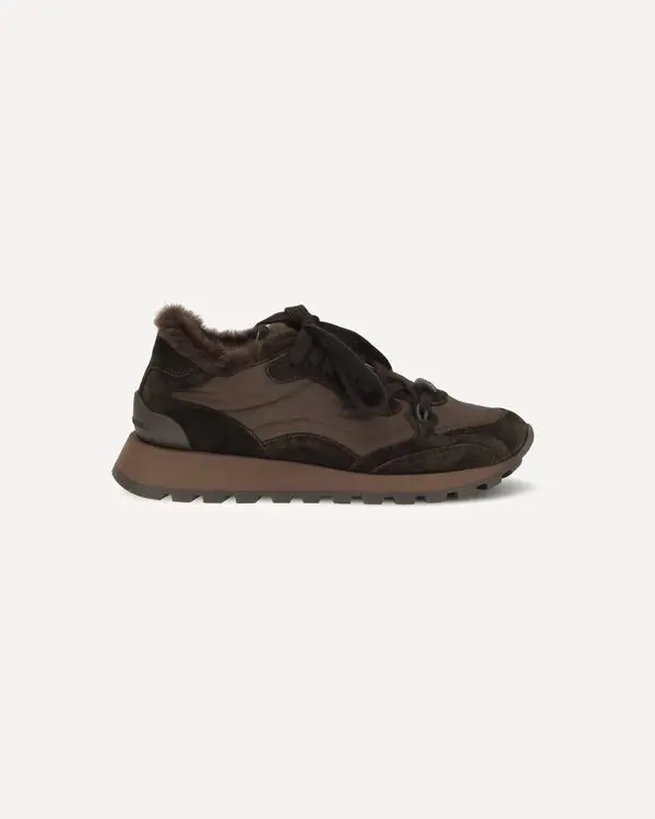 Brunello Cucinelli Suede And Techno Fabric Lace-up Sneakers With Shearling Lining And Monile Detail