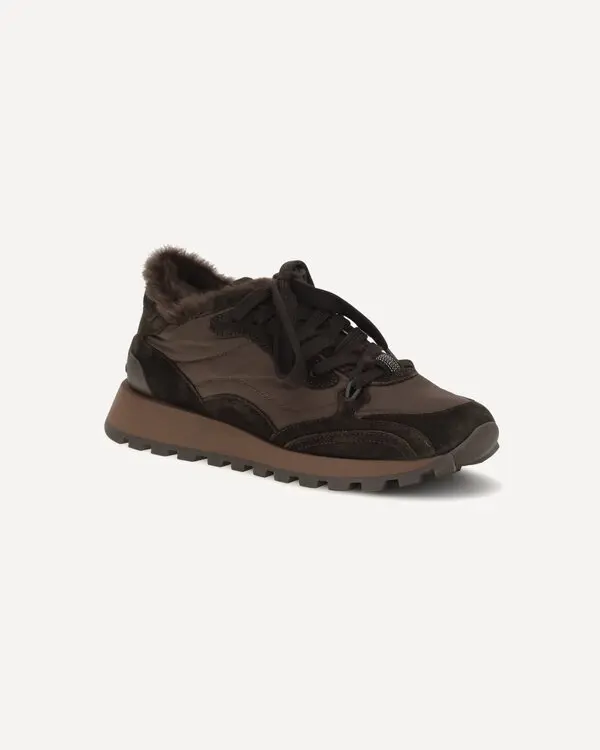 Brunello Cucinelli Suede And Techno Fabric Lace-up Sneakers With Shearling Lining And Monile Detail