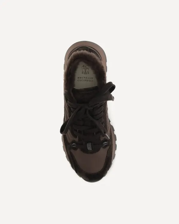 Brunello Cucinelli Suede And Techno Fabric Lace-up Sneakers With Shearling Lining And Monile Detail