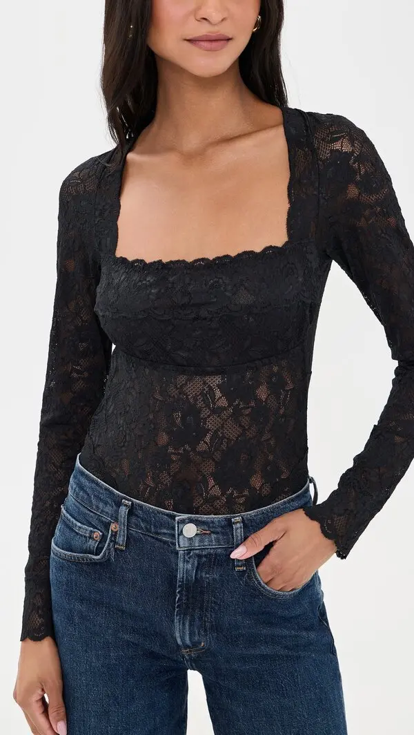Cosabella Long Sleeve Lace Teddy Thong Bodysuit