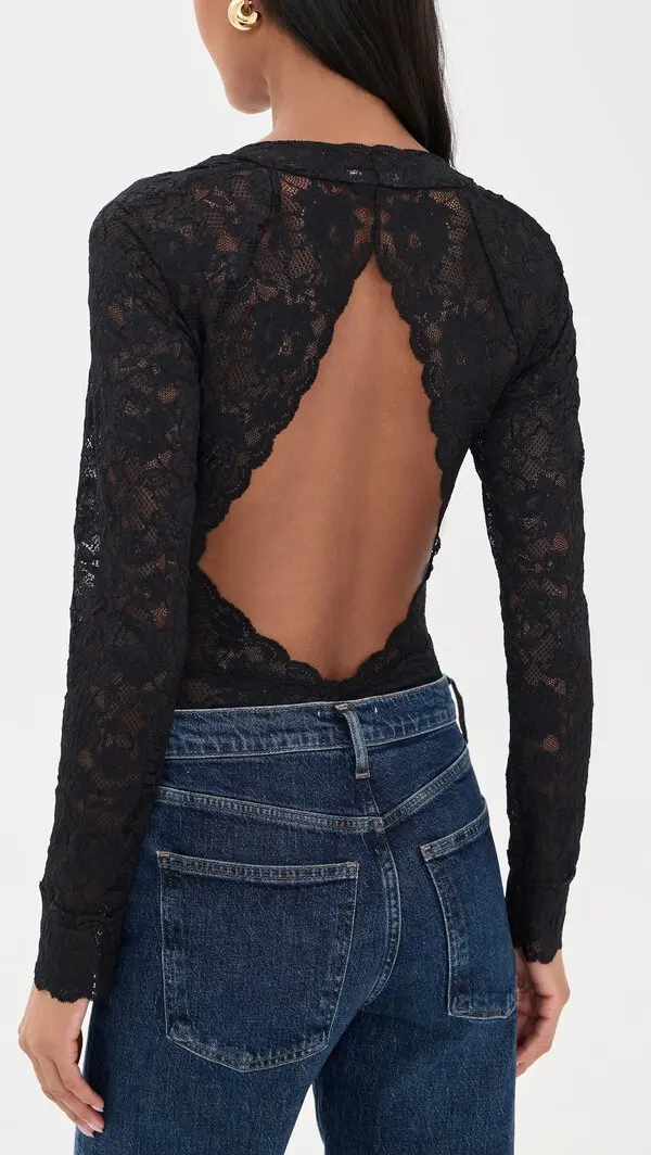 Cosabella Long Sleeve Lace Teddy Thong Bodysuit