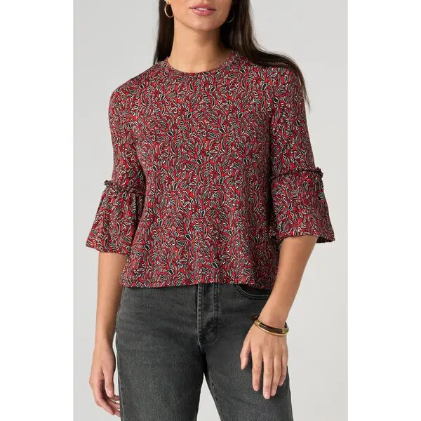 LIVERPOOL Bell Sleeve Top - Red/black Multi