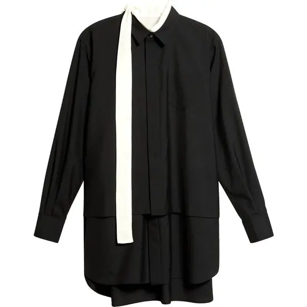 Sacai Long Sleeve Tiered Shirtdress With Bow Detail - Black