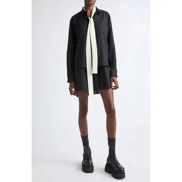 Sacai Long Sleeve Tiered Shirtdress With Bow Detail - Black