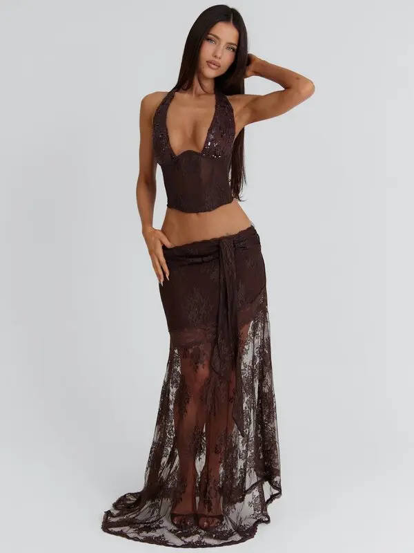 OUTCAST Debbie Maxi Skirt Chocolate Lace - Brown